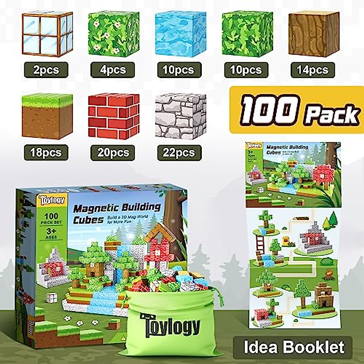 100PCS Magnetic Blocks-Build Mine Magnet World Set, Magnetic Toys for Boys & Girls Age 3-5 6-8, STEM Sensory Toys for Toddlers Gifts for 3+ Years Old Girls Boys, Classroom Must Haves Construction Toys