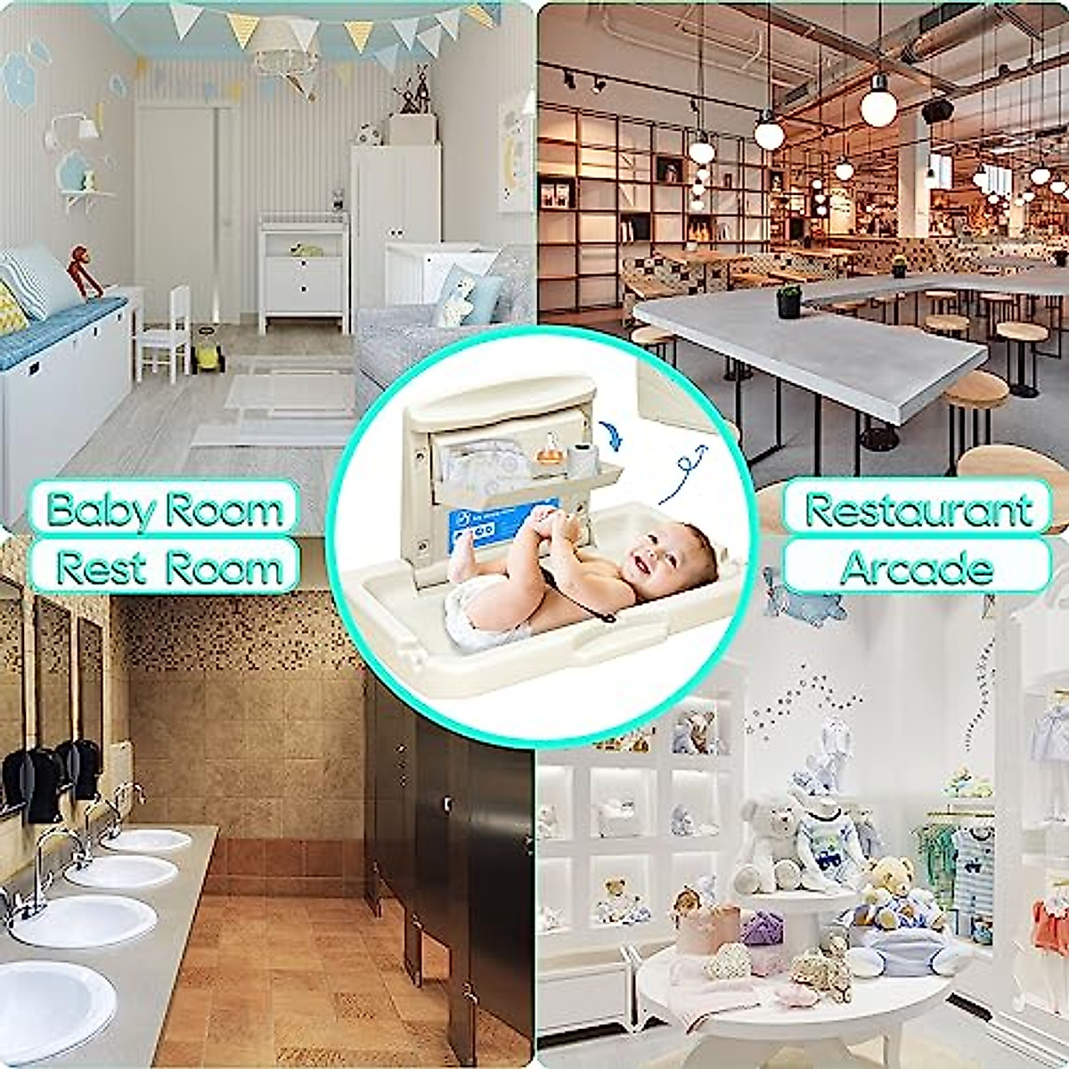 Wall Mount Baby Changing Station in Commercial Bath, Wall Mounted Diaper Changing Table with Seat Belt, Foldable Baby Changing Diaper Station,Diaper Changing Wall for Household and Commercial Bath