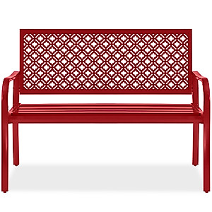 Best Choice Products Outdoor Bench 2-Person Metal Steel Benches Furniture for Garden, Patio, Porch, Entryway w/Geometric Backrest, 790lb Capacity - Rose Red