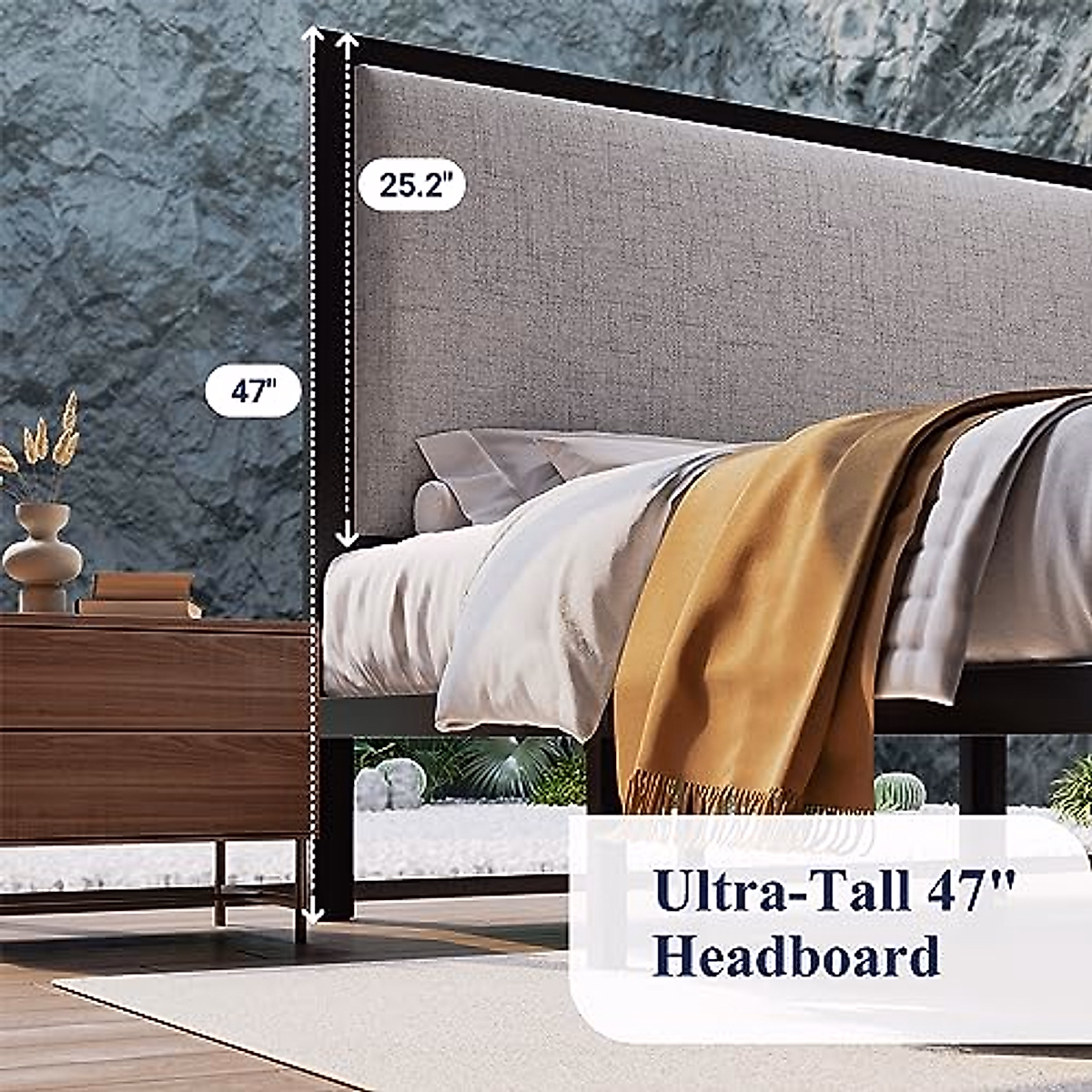 Allewie Full Size Bed Frame with 47'' Tall Upholstered Headboard, High Metal Bed Frame with 12'' Under-Bed Storage Space/Wood Slats Support/Easy Assembly/No Box Spring Need/Noise-Free/Grey