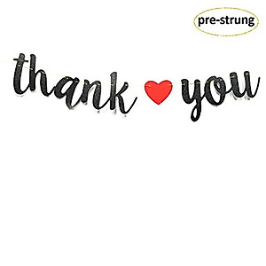 Black Glitter Thank You Banner Pre-Strung,Engaged Wedding Bridal Shower Bunting Thanksgiving Photo Props.Anniversary Bridal Party Decoration (Black)