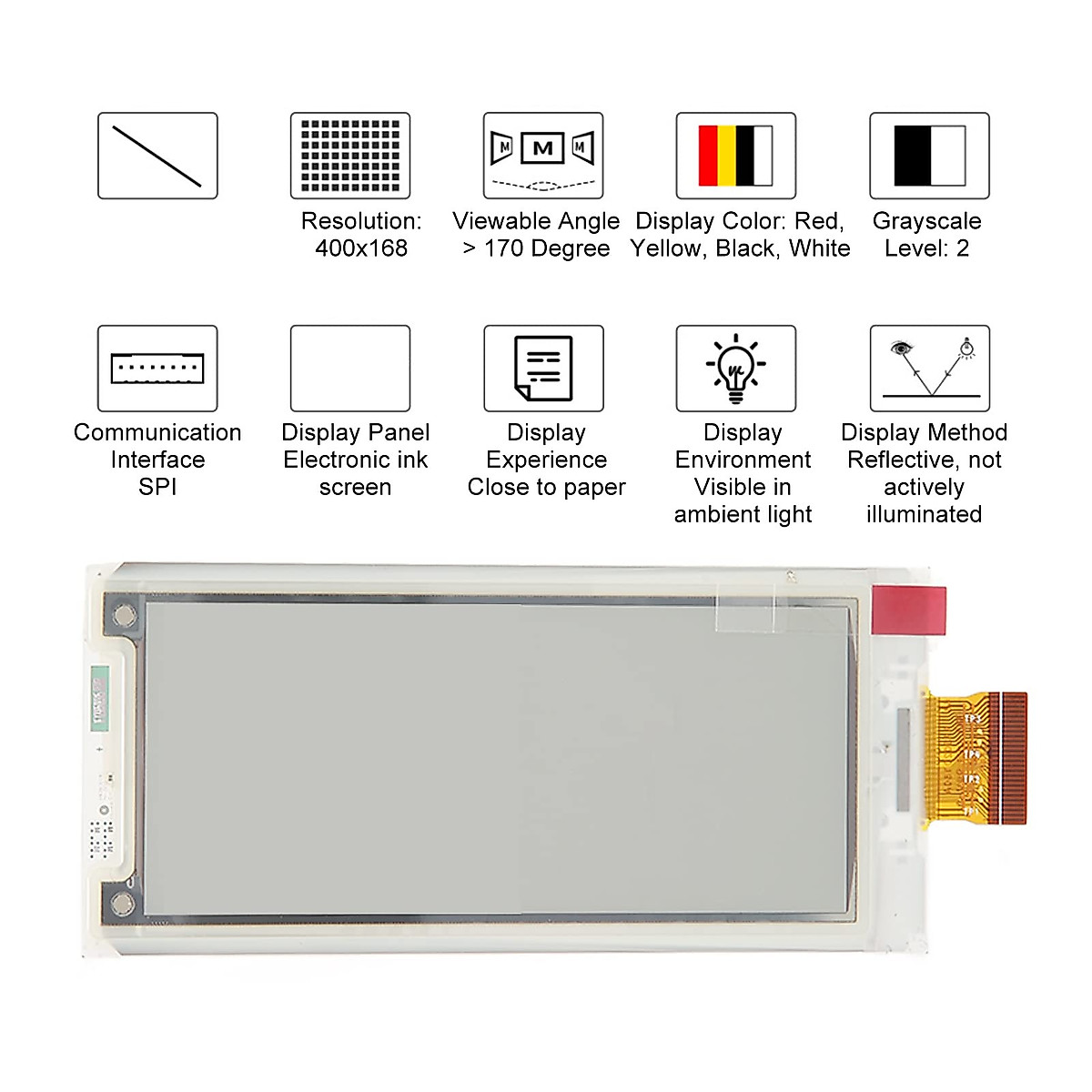 3 Inch e Paper Screen Display Module, SPI Control Interface, 400×168 Resolution, 180° Viewing Angle, No Backlight Required, Electronic Ink Screen for Rpi, Jetson Nano, STM32