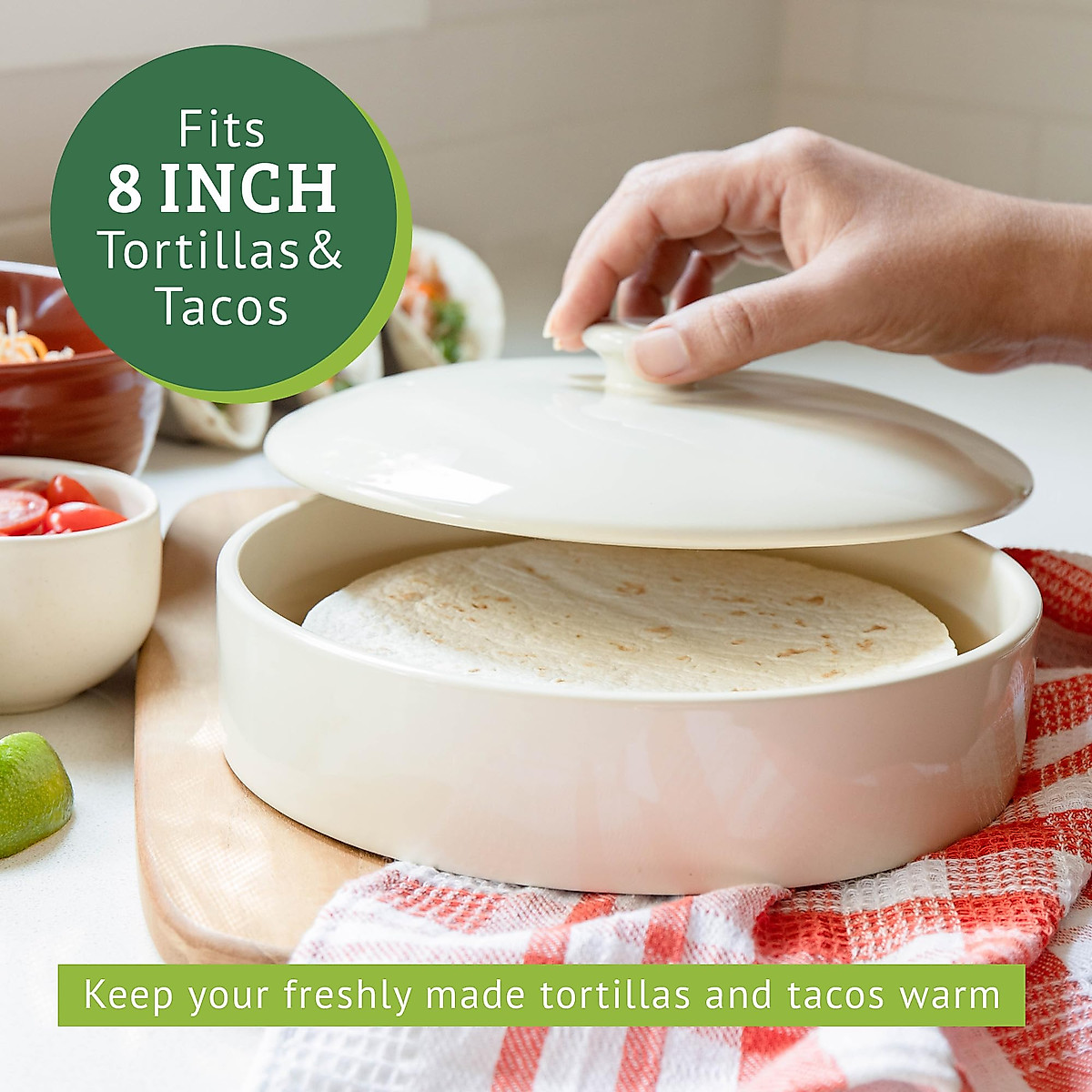 Chef Tacos Ceramic Tortilla Warmer, Microwavable, Tortilla Holder Container, Pancake Keeper, Best for Storage Tortilleros, with Lid (8-inch, Cream)
