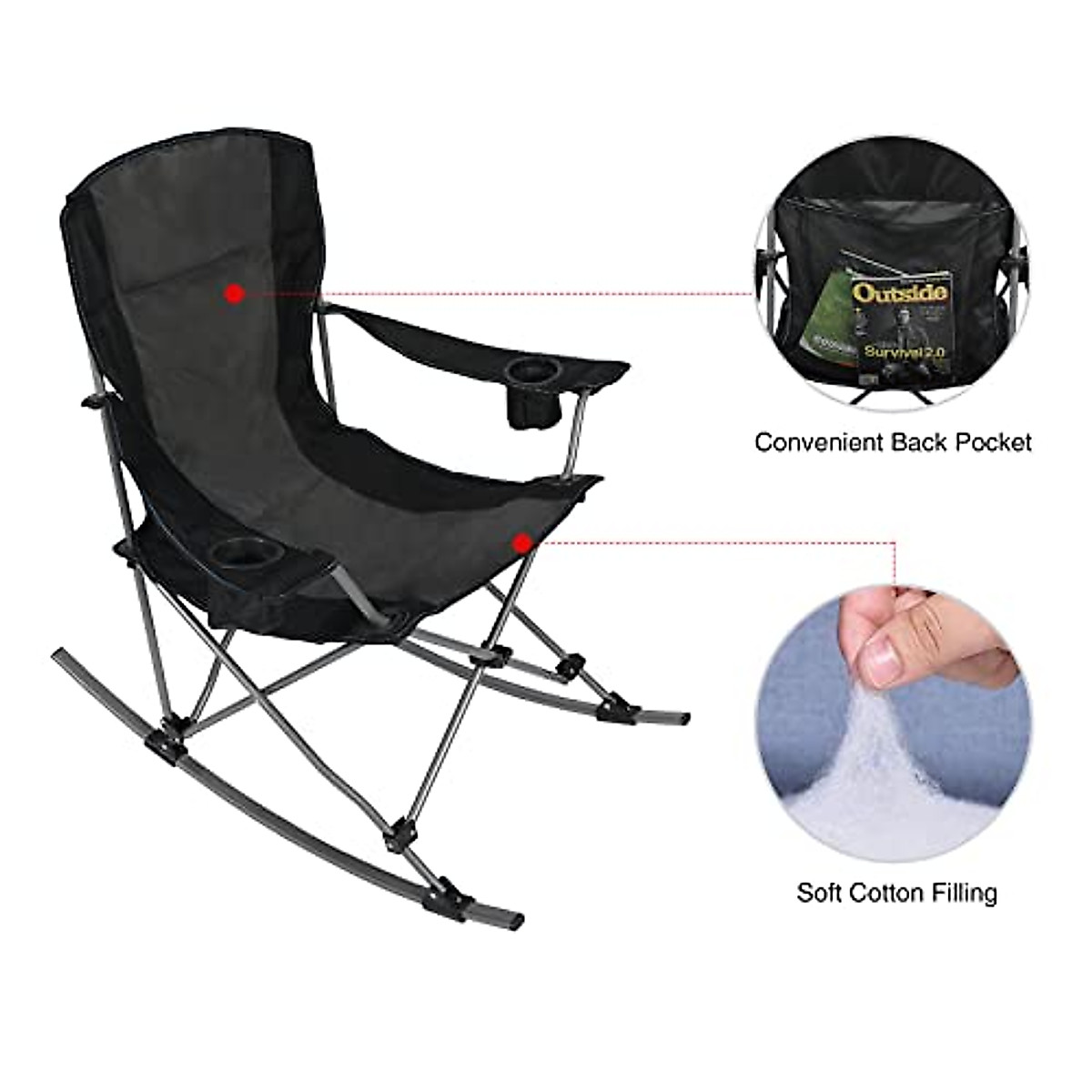 Varbucamp Camping Rocking Chair Outdoor, Folding Heavy Duty Rocker Patio Lawn Chair with High Back, Portable for Indoor Outside Garden, Black Padded Back