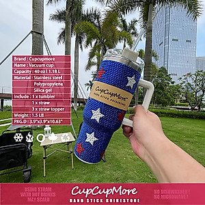 Cupcupmore 40oz Blue Star Bling Rhinestone Stainless Steel Sippy Tumbler Glitter Vacuum Insulated Water Bottle with Straw & Lid &Handle,Thermos for Hot & Cold Drinks,Car Cup Holder,Coffee