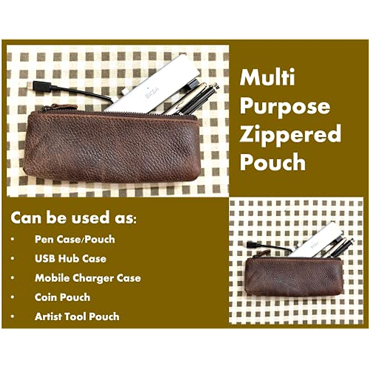 The Antiq: Leather Pencil Pouch, Leather Pen Case, Zipper Pen Case, USB Hub Case, Artist Tool Case, Mobile Charger Case, Coin Case/Pouch, Marker Pouch/Case Useful for students and office purposes