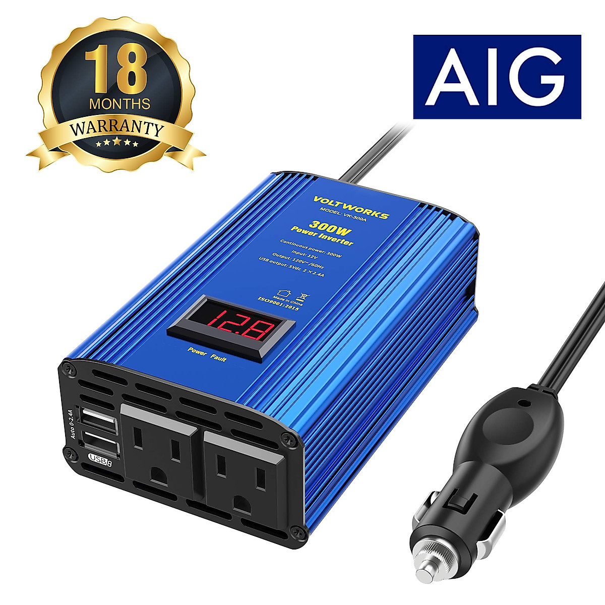 Power Inverter 300W Car Inverter DC 12V to 110V AC Converter with LED Display & 2x2.4A Dual USB Car Adapter Charger by VOLTWORKS Blue