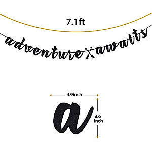 Adventure Awaits Banner - The Adventure Begins, Graduation / Retirement Birthday Baby Shower Travel Theme Party Decoration Supplies Black Glitter.