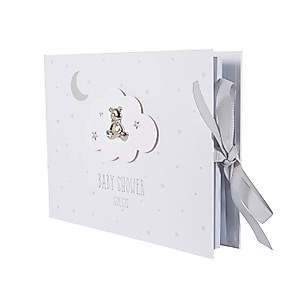 Happy Homewares Beautiful Ivory White Baby Shower Guest Book with Silver Plated Teddy Bear and Stars | 40 Lined Sheets | Luxurious Grey Fabric Ribbon