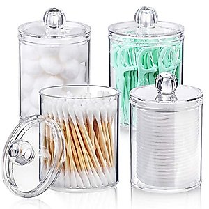 4 PACK Qtip Holder Dispenser for Cotton Ball, Cotton Swab, Cotton Round Pads, Floss Picks - 10 oz Clear Plastic Apothecary Jar Set for Bathroom Canister Storage Organization, Vanity Makeup Organizer
