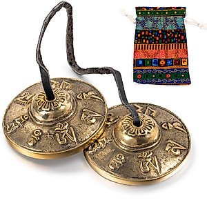 Boao Tibetan Tingsha Cymbals Meditation Chime Bells with Tibetan Drawstring Cloth Bag, 6.3 cm Meditation Chime Bells, for Percussion Instrument(Om Mane Padme Hum Symbols Embossed)