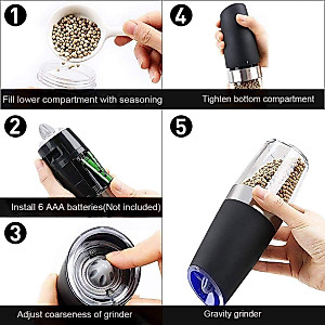 Joseky Black Electric Salt And Pepper Grinder , Pepper Mill Grinder with Adjustable Coarseness, Blue Led Light, One Hand Operated Suitable for Solid Seasoning Such As Sea Salt, Spices(2-pcs)