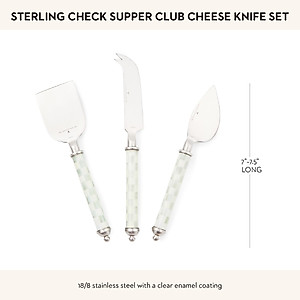 MACKENZIE-CHILDS Supper Club Cheese Knife Set, Stainless-Steel Cheese Slicers, Charcuterie Accessories, Set of 3, Gray-and-White Sterling Check