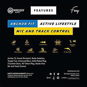 Wicked Audio Fang — Earbud Headphones for Exercise — Sweat Resistant Wired Headphones with Microphone and Track Control, Tangle-Free Cord and Smart Plug — Black/Lime