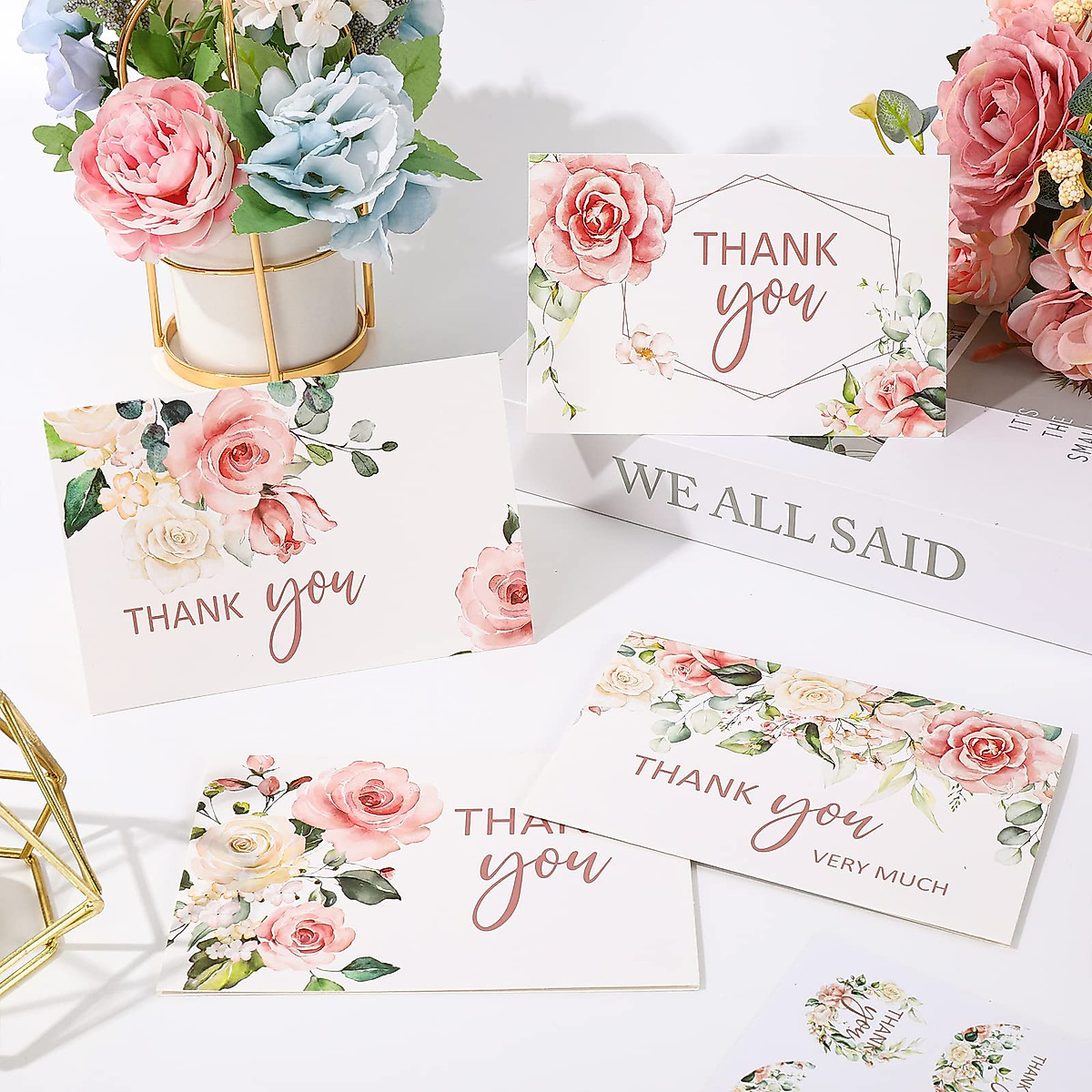 AnyDesign 32 Pack Thank You Cards with Envelopes Stickers Blush Floral Blank Note Cards Bulk 4 Design Flower Thank You Greeting Cards for Wedding Baby Shower Bridal Shower and All Occasions, 4 x 6