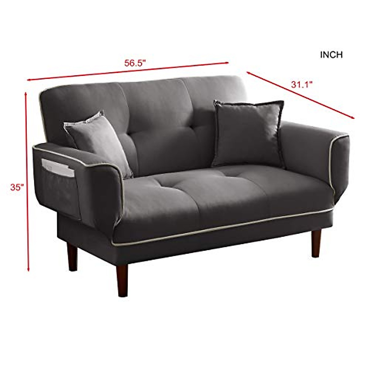 Convertible Futon Sofa Bed with 2 Pillows, Sleeper Sofa Futon Couch, Recliner Couch with Adjustable Armrest and Wood Legs, Living Room Sofa with 5-Angle Backrest for Small Space (Grey)