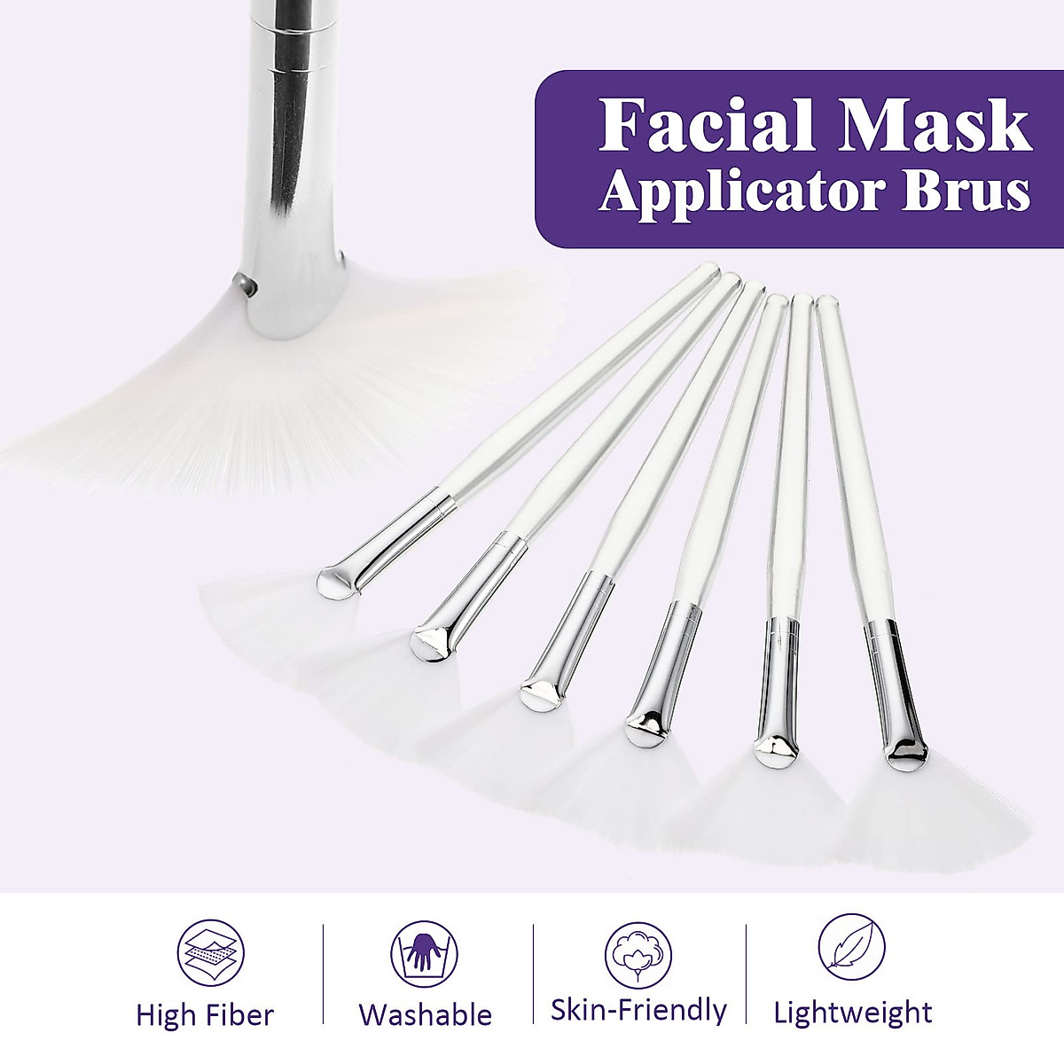 Maitys 6 Pieces Fan Mask Brushes Soft Fan Facial Mask Applicator Tools Brush Makeup Brushes Cosmetic Tools with Handle for Makeup Women(White Hair)
