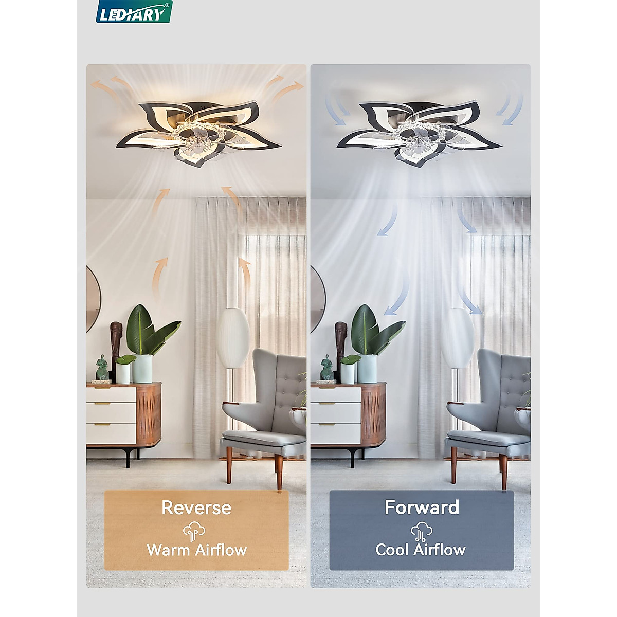 LEDIARY Flower Ceiling Fans with Lights, Small 27 Inch Modern Low Profile Ceiling Fan, Dimmable LED Ceiling Light Fixture, Flush Mount Ceiling Fans with Remote for Bedroom, Kitchen, Indoor-Black