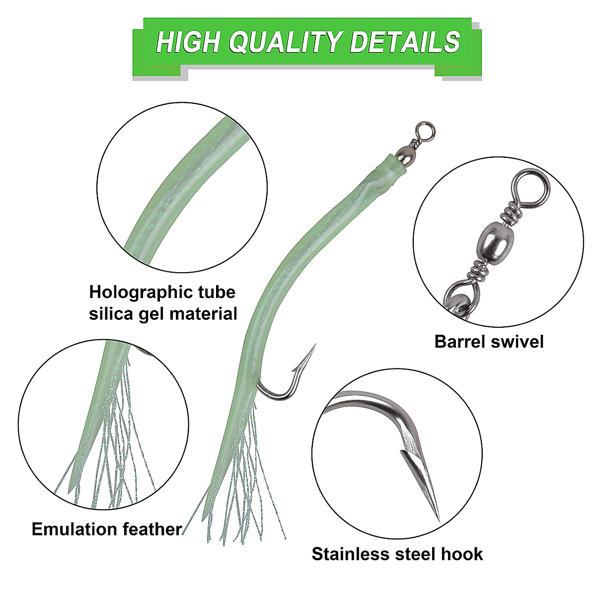 Striped Bass Tube Lures Trolling Lures Saltwater Cod Rig Tube Teaser with Stainless Steel EEL Hook Barrel Swivel for Offshore Trolling Striper Bass Big Game Fishing (Green 7/0)