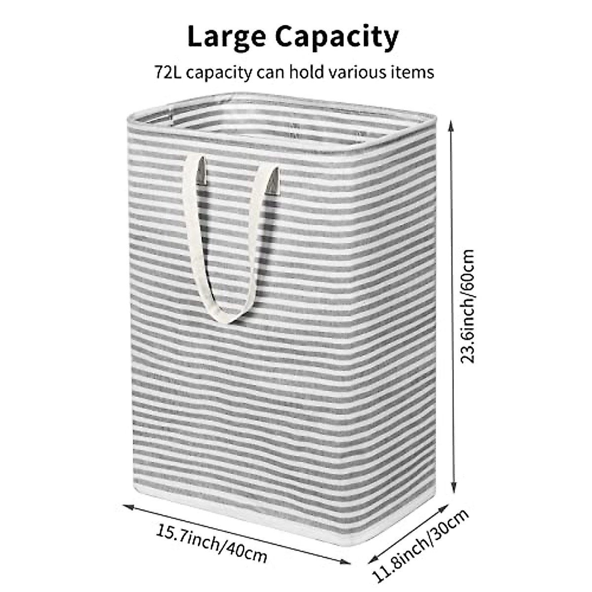Chrislley 72L Freestanding Laundry Hamper with Handle Large Laundry Basket Laundry Bin Collapsible Dirty Clothes Basket Cotton Storage Basket for Clothes(Striped Grey)