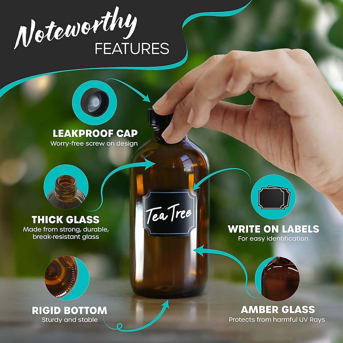 Nevlers 12PK 8 Oz Glass Bottles with Caps |Leakproof Amber Glass Bottle Set With Shrink Wrap, Funnel, Brush & Bonus Labels| Dark Glass Bottles for Oil | Vanilla Extract Bottles | Glass Medicine Bottle