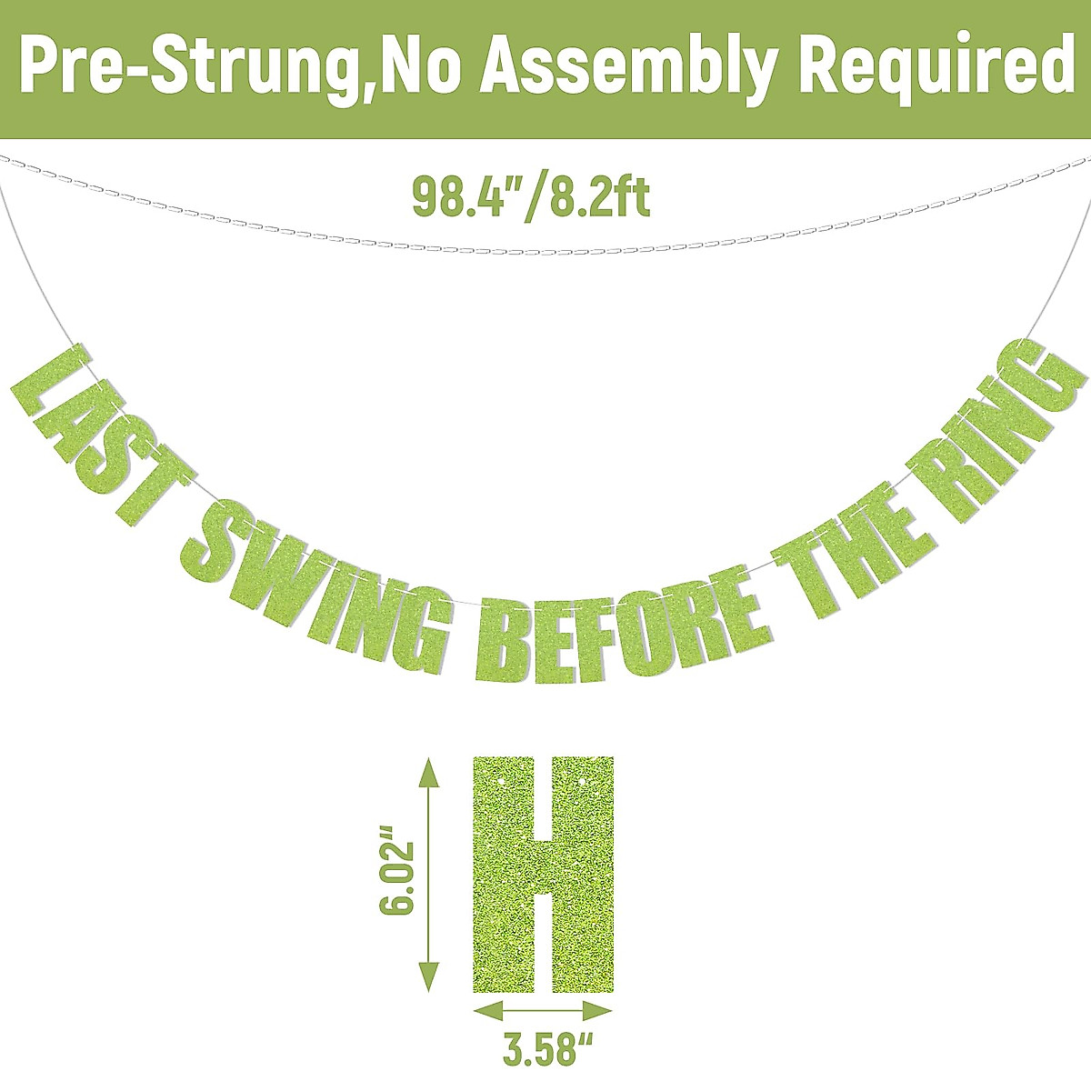 Pre-Strung Last Swing Before The Ring Banner - Tennis Bachelorette Decorations, Golf Bachelorette Party Decor, Tennis Bridal Shower Bachelor Banner Green Glitter