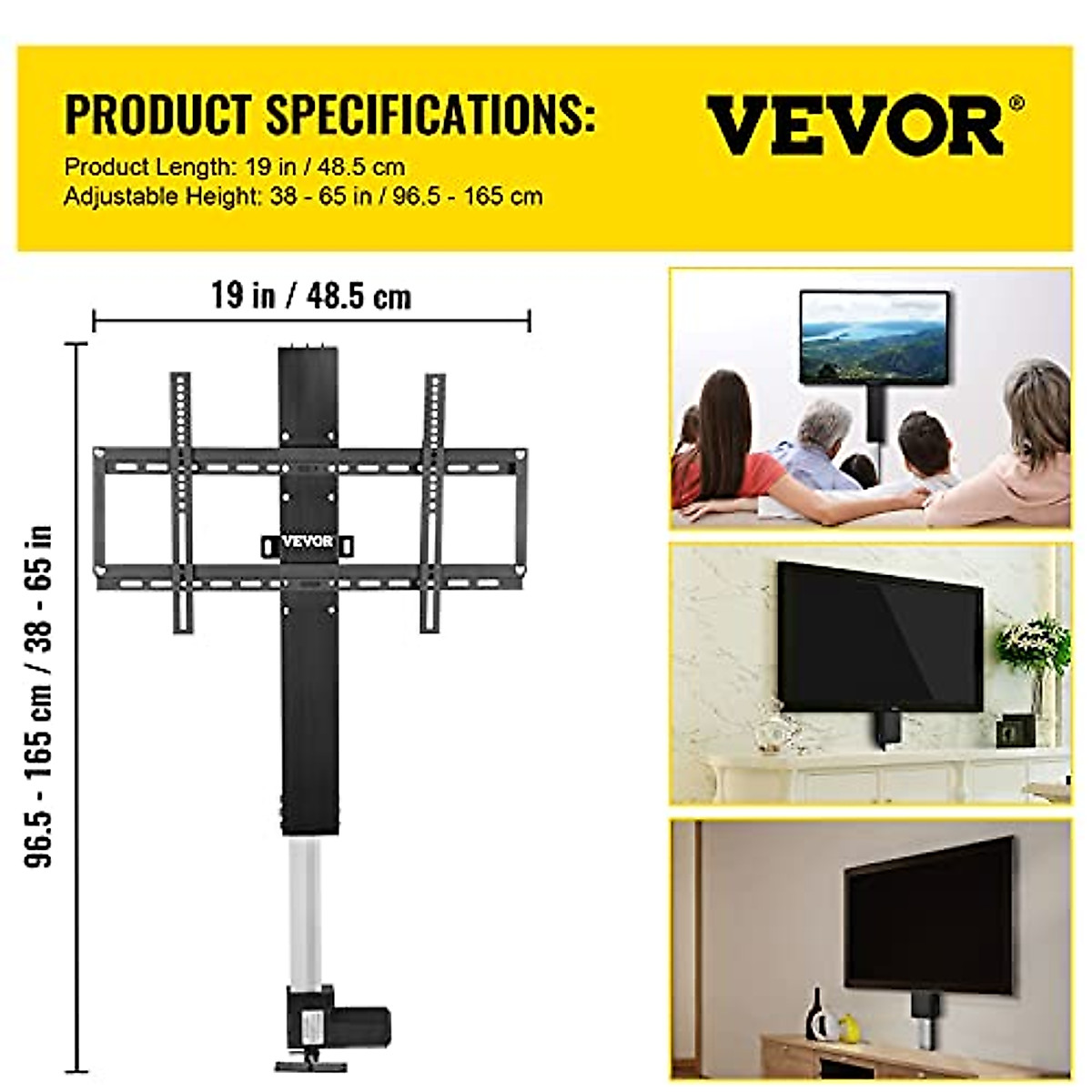 VEVOR Motorized TV Lift Stroke Length 19.7 Inches Motorized TV Mount Fit for Max.50 Inch TV Lift with Remote Control Height Adjustable 38-65 Inch,Load Capacity 132 Lbs