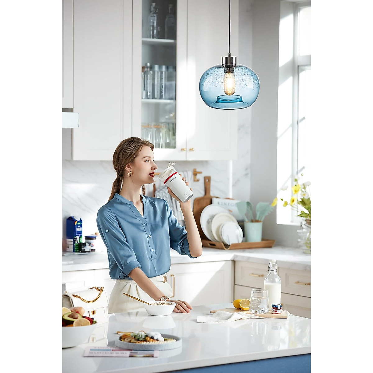 HASUN 2 Pack Blue Pendant Lights Kitchen Island, 9.2 Inch Pumpkin Farmhouse Seeded Glass Pendant Lights Fixture, Bedroom Pendant Light for Office Cafe Pubs Brushed Nicke with Bulb