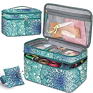 FINPAC Sewing Accessories Storage and Organizer Case, Double-Layer Sewing Kits Carrying Bag with Wrist Pin Cushion for Threads, Needles, Embroidery Floss Supplies, Felting Kits (Emerald Illusions)