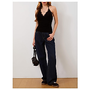 MakeMeChic Women's Halter Top Y2K Lace V Neck Ruched Low Cut Halter Tank Tops Camisole Tops A Black XS