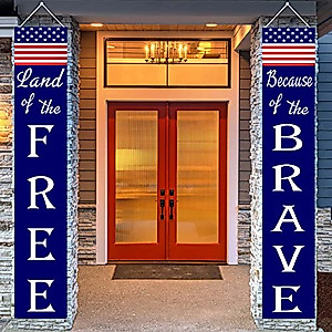 4th of July Patriotic Decorations Porch Sign Banners, Land of the Free Because of the Brave Hanging Flag Decor with Stars and Stripes for Independence Memorial Veterans Day Outdoor Indoor Yard