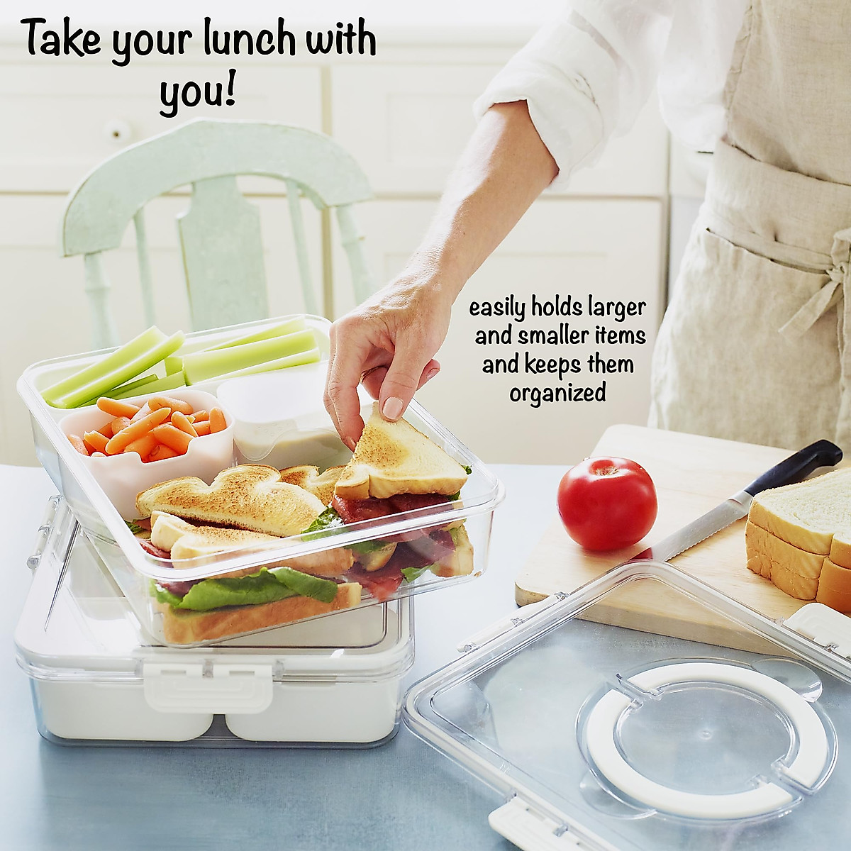 Gorgania 2 Pack Divided Serving Tray with Lid and Handle, Travel Snack Box Charcuterie Container for Portable Snack Platter, 8+4 Compartments Stackable Clear Snack Tray for Veggie, Candy, Nuts