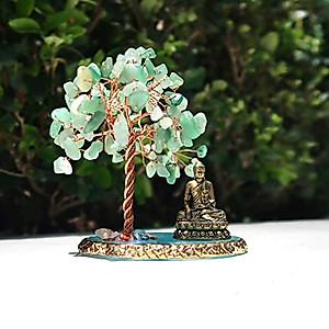 CRUCISRESIN Buddha Statue with Healing Crystal Tree, Tree of Life for Positive Energy. Home Decor Yoga Meditation. Green.(B)