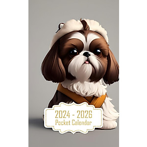 Pocket Calendar 2024-2026: Two-Year Monthly Planner for Purse , 36 Months from January 2024 to December 2026 | Cartoon cute brown Shih Tzu | Vermeer style