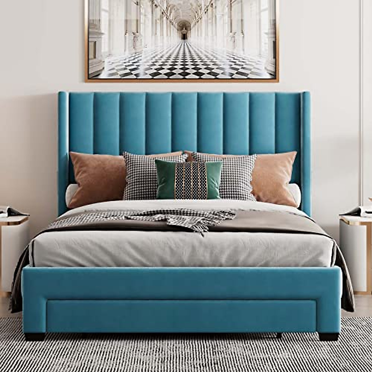 Queen Size Velvet Upholstered Platform Bed Frame with Storage Drawer and Tufted Headboard for Boys Girls Teens Adults, No Box Spring Needed, Easy Assembly (Blue, Queen)