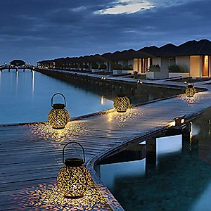 Solar Lanterns Outdoor, Shineslay Solar Lanterns Outdoor IP44 Waterproof, 2 Pack Hollowed-Out Metal Retro Hanging LED Lights, Sensitive Lighting Control Lamp for Patio Courtyard Balcony Garden