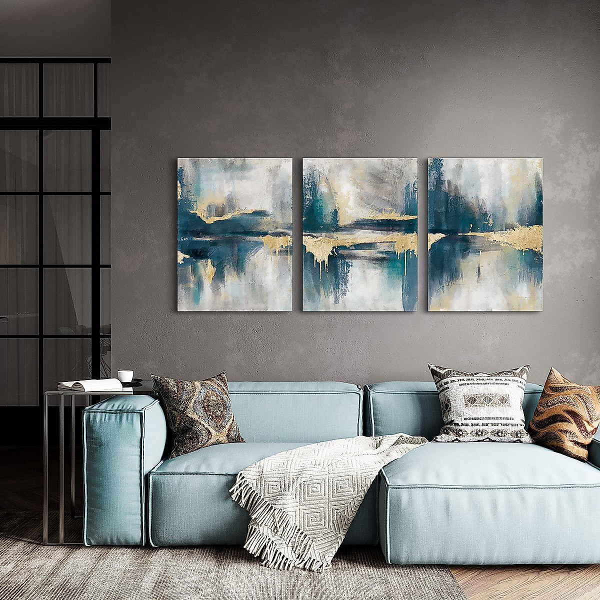 ArtbyHannah Blue and Gold Abstract Canvas Wall Art, 3 Panels Modern Blue Wall Art Decor for Bedroom Bathroom, 12x16 Inch Ready to Hang