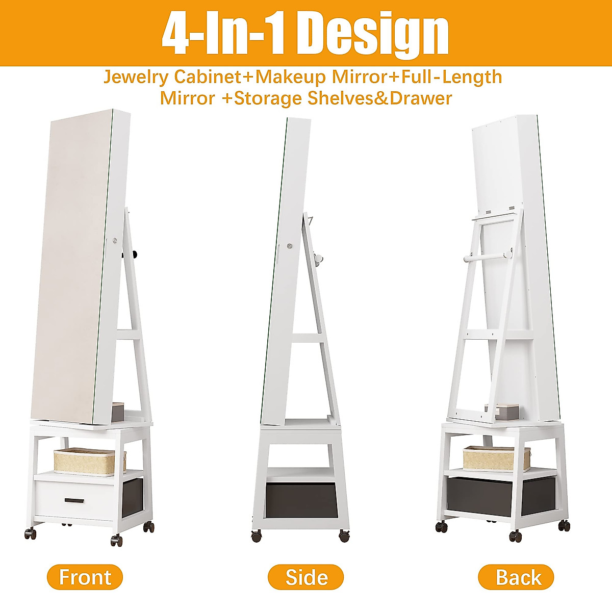 IDEALHOUSE 360° Swivel Jewelry Cabinet with Large Storage Capacity, Rotatable Full Length Mirror with Jewelry Storage, Lockable Floor Standing Jewelry Armoire Organizer with Drawer and Wheels, White