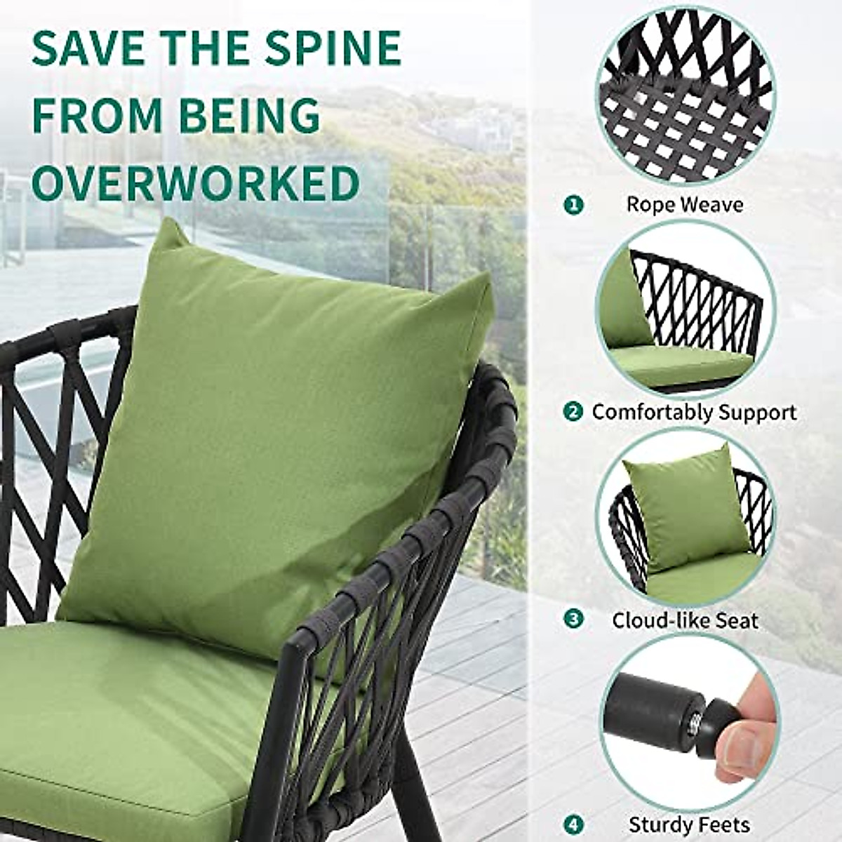 YITAHOME Outdoor Dining Chair Set of 2, Rope Woven Design Bistro Chairs, Indoor-Outdoor Armchair Seating for Patio, Backyard, Poolside, Balcony - Green and Grey