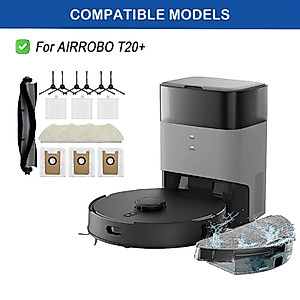 Replacement Parts for Airrobo T20+ Robot Vacuum Accessories Kit, Inclue1 Main Brush 3 HEPA Filters 3 Mop Pads 3 Dust Bags 6 Side Brushes（16 Pack ）