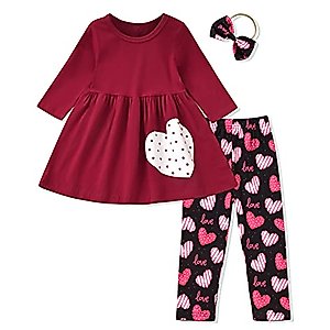fioukiay Girls Valentine's Day Clothes Outfit Toddler Girl Ruffle Love Heart Top with Trim Legging Set (Wine Heart, 7-8 Years)