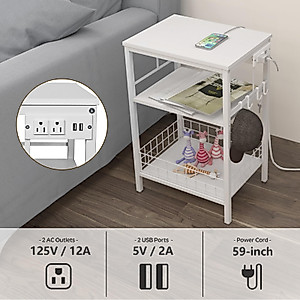 MOFAIN End Table with Charging Station and USB Ports, 3-Tier Table Shelf with Storage and Hooks, Side Table for Small Space in Living Room, Bedroom and Balcony (White,2)