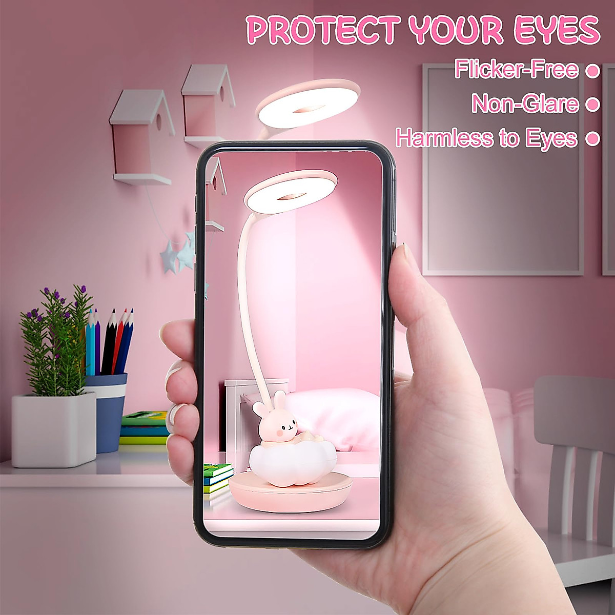 MARZIUS Cute Rabbit Design Dimmable Touch LED Reading Desk Lamp Night Light with 5 Levels Brightness for Boy,Girl Kid Teen (Pink Cloudy Bunny)