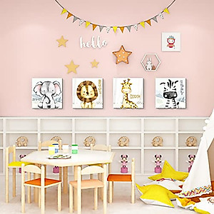 Creoate Kids Room Decor Wall Art, 4 Pieces Cute Animal Picture with Inspirational Quotes Canvas Print Artwork Framed Set Adorable Nursery Wall Art for Kid Baby Child Room (12x12 Inch x4pcs)