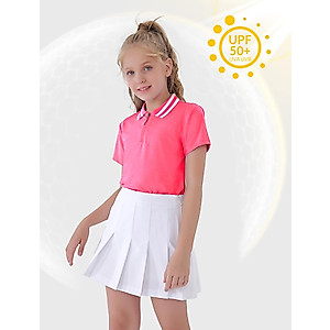 EXARUS Girls' Short Sleeve Golf Tennis Polo Shirts Kids 1/4 Zip Athletic Workout Quick Dry Golf Clothes UPF 50+ T-Shirts Rose 8 Years