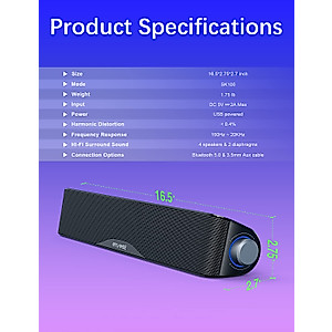 Computer Speakers, HiFi Sound Quality Computer Sound Bar, USB Powered PC Speakers, Bluetooth 5.0 and 3.5mm Aux-in Computer Speakers for Desktop, Laptops, PCs, Phones, Tablets, Xbox, Gaming Speakers