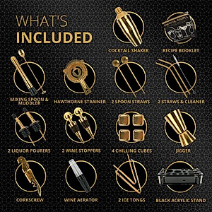 Mixology Bartender Kit – 24 Piece Gold Cocktail Shaker Set w/Stand – Essential Home Bar Accessories Martini Shaker, Jigger, Muddler, Chilling Cubes & More