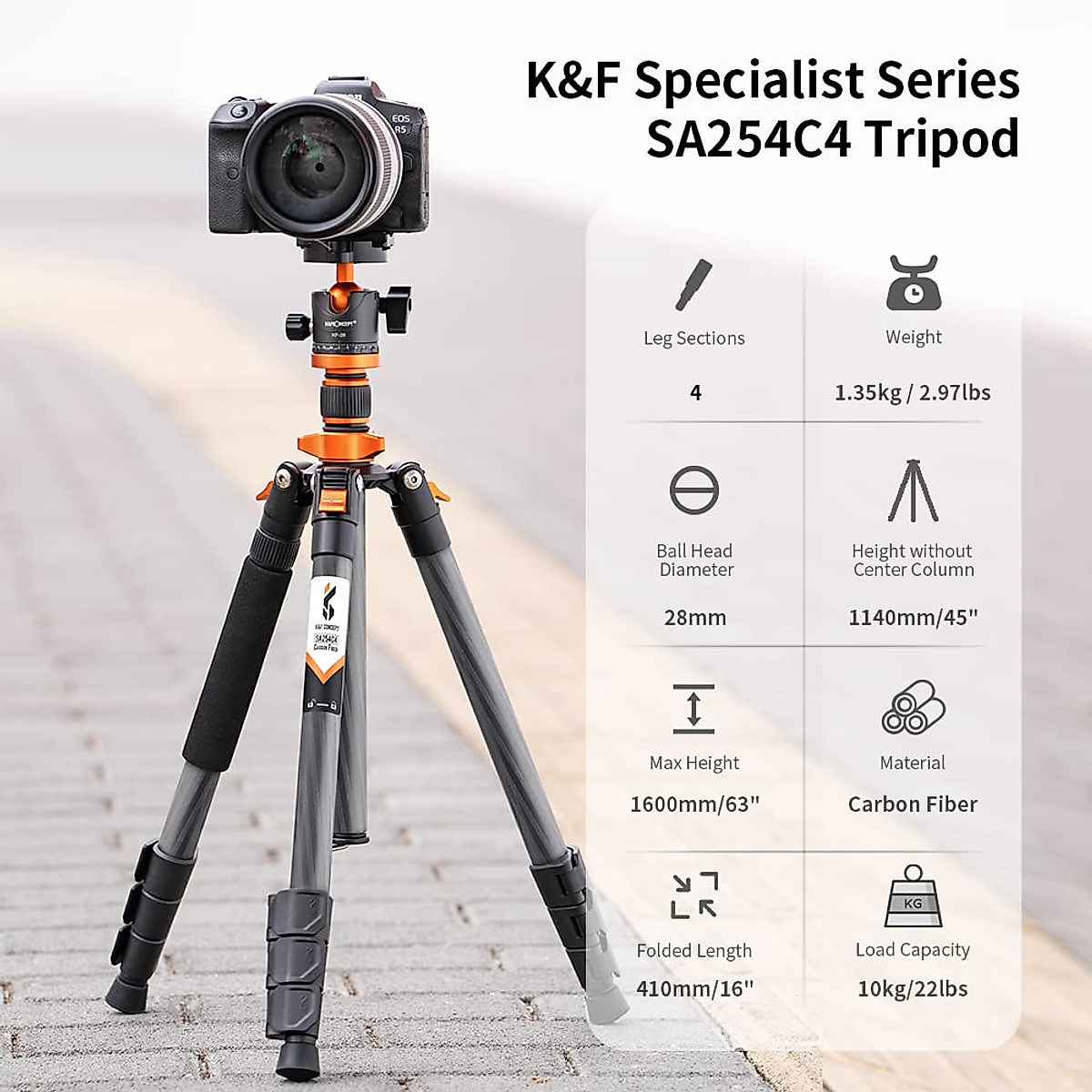 K&F Concept 63" Carbon Fiber Camera Tripods,D254C1+BH-28L Compact Tripod with Detachable Monopod, Metal Ball Head 10KG Load Capacity with Quick Release Plate for SLR DSLR Digital Camera/Camcorder