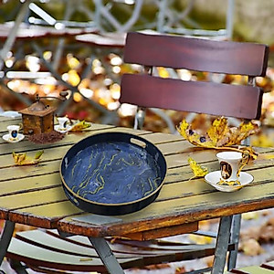 Decorative Trays with Handles Round Serving Breakfast Trays 13” for Home Mini Coffee Bars Table Ottoman Livingroom Bathroom (Dark Blue)