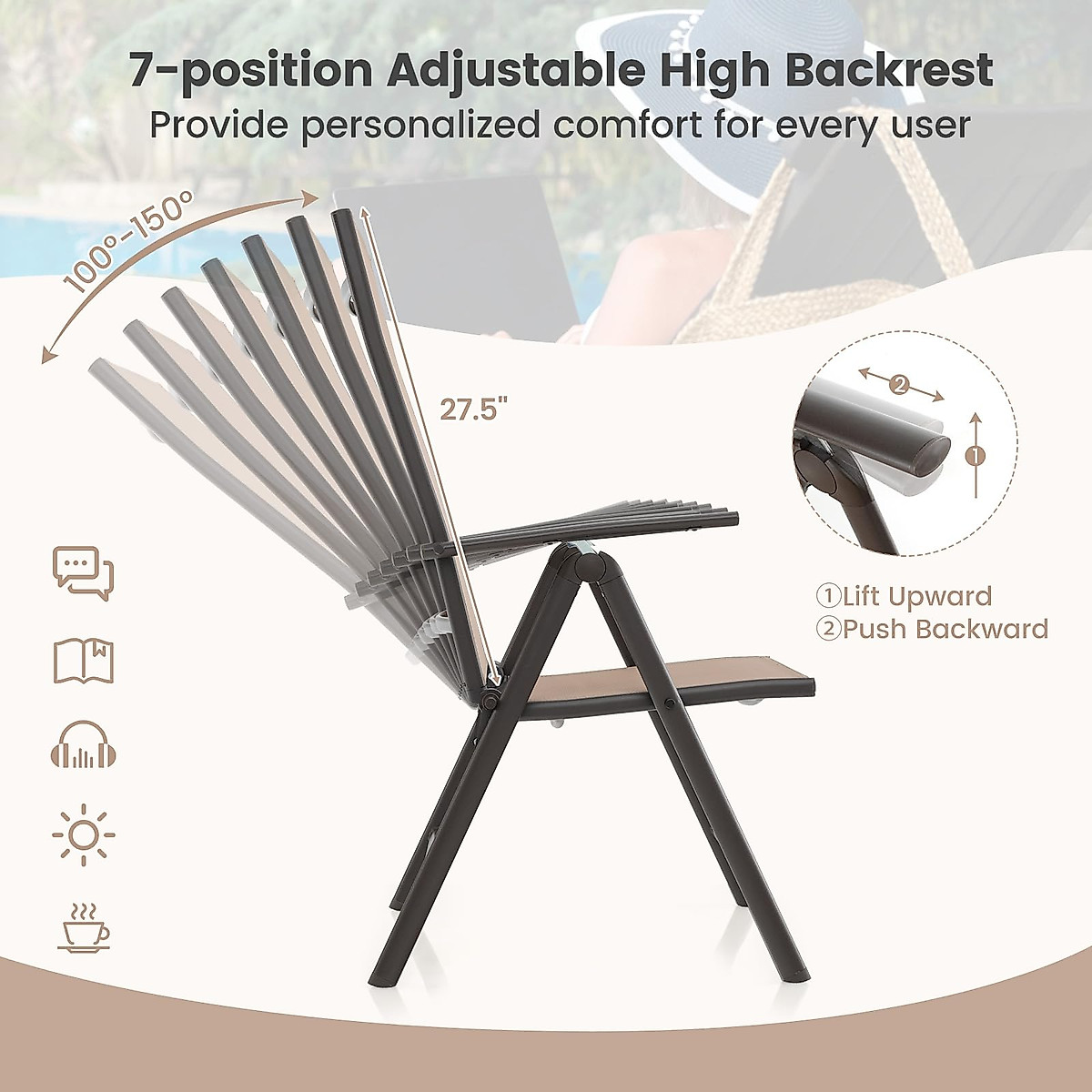 Giantex Folding Patio Chairs, High Back Outdoor Chairs with 7-Level Adjustable High Backrest, Portable Reclining Chairs for Lawn Porch Garden Poolside Camping, No Assembly (Brown, 1 Count (Pack of 1))